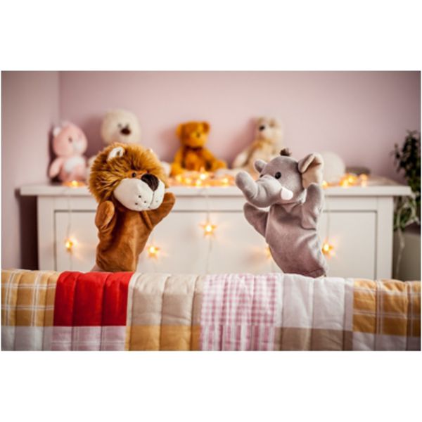 Printed Plush lion, hand puppet , Hunter